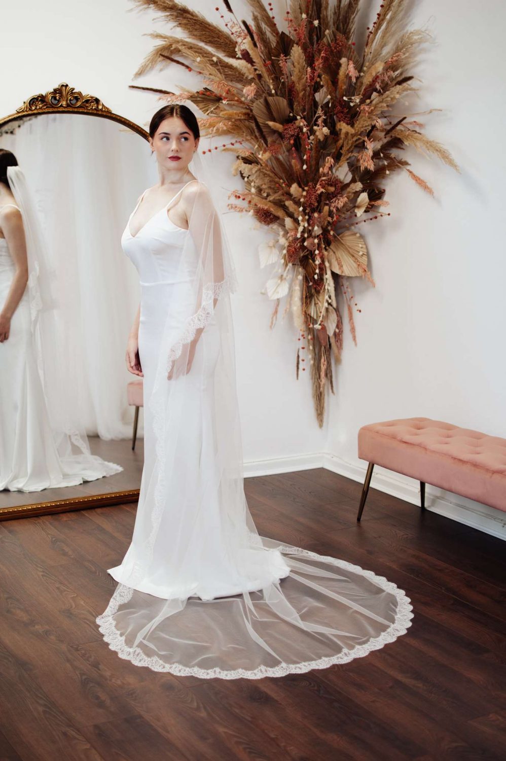 Lacey - two layer chapel length veil with a narrow lace edge