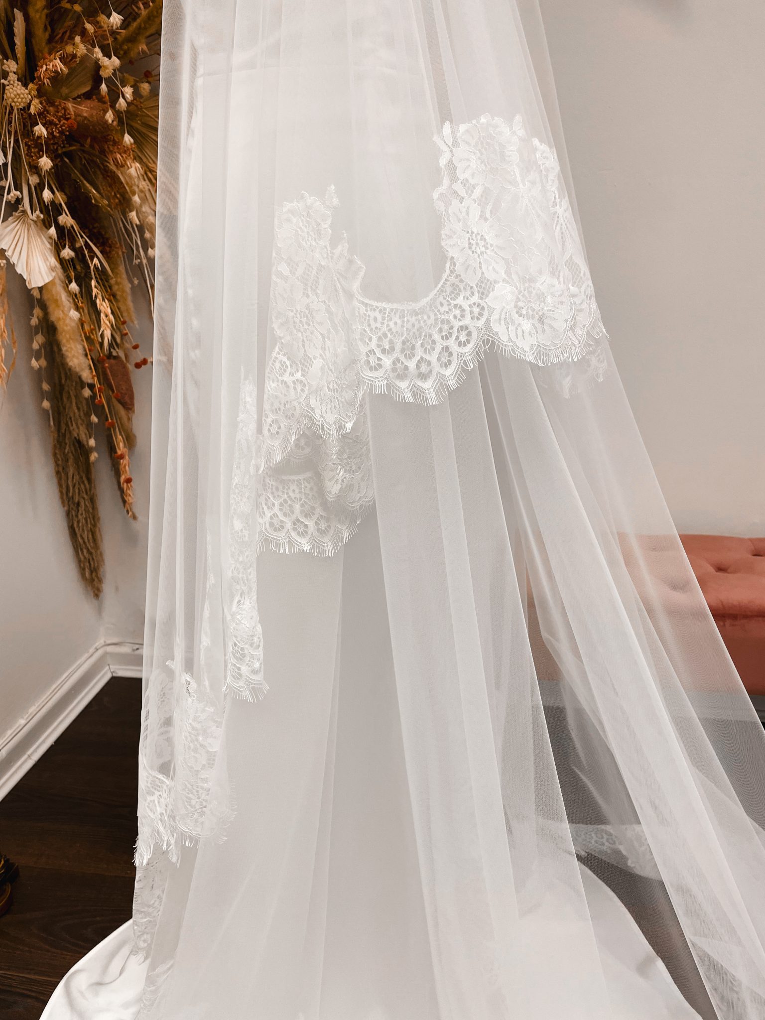 Clara – Chantilly Lace Drop Chapel Length Veil with Blusher (Quick-to-Ship)