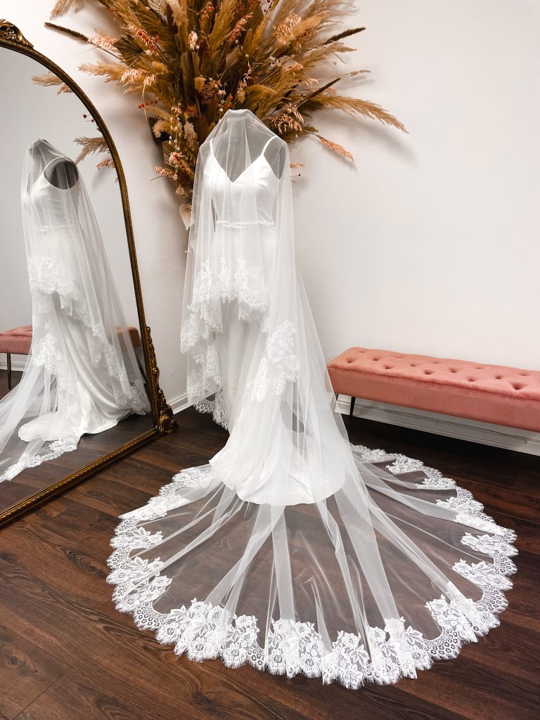 Clara – Chantilly Lace Drop Chapel Length Veil with Blusher (Quick-to-Ship)
